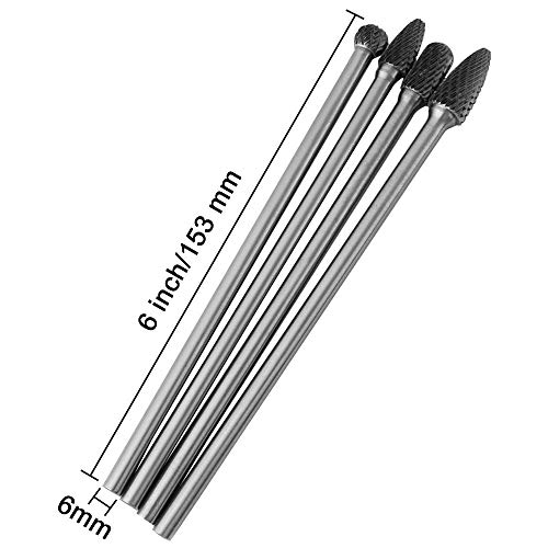 Wolfride 4pcs Long Shank Tungsten Carbide Burr Set 6mm Shank Die Grinder Burr Set for Metal 6-Inch Length