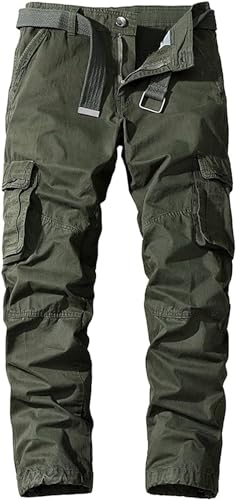 Mens Multi Pockets Cotton Cargo Pants Relaxed Fit Stretch Cargo Trousers Hiking Fishing Running Workout Sweatpants (Green,36)