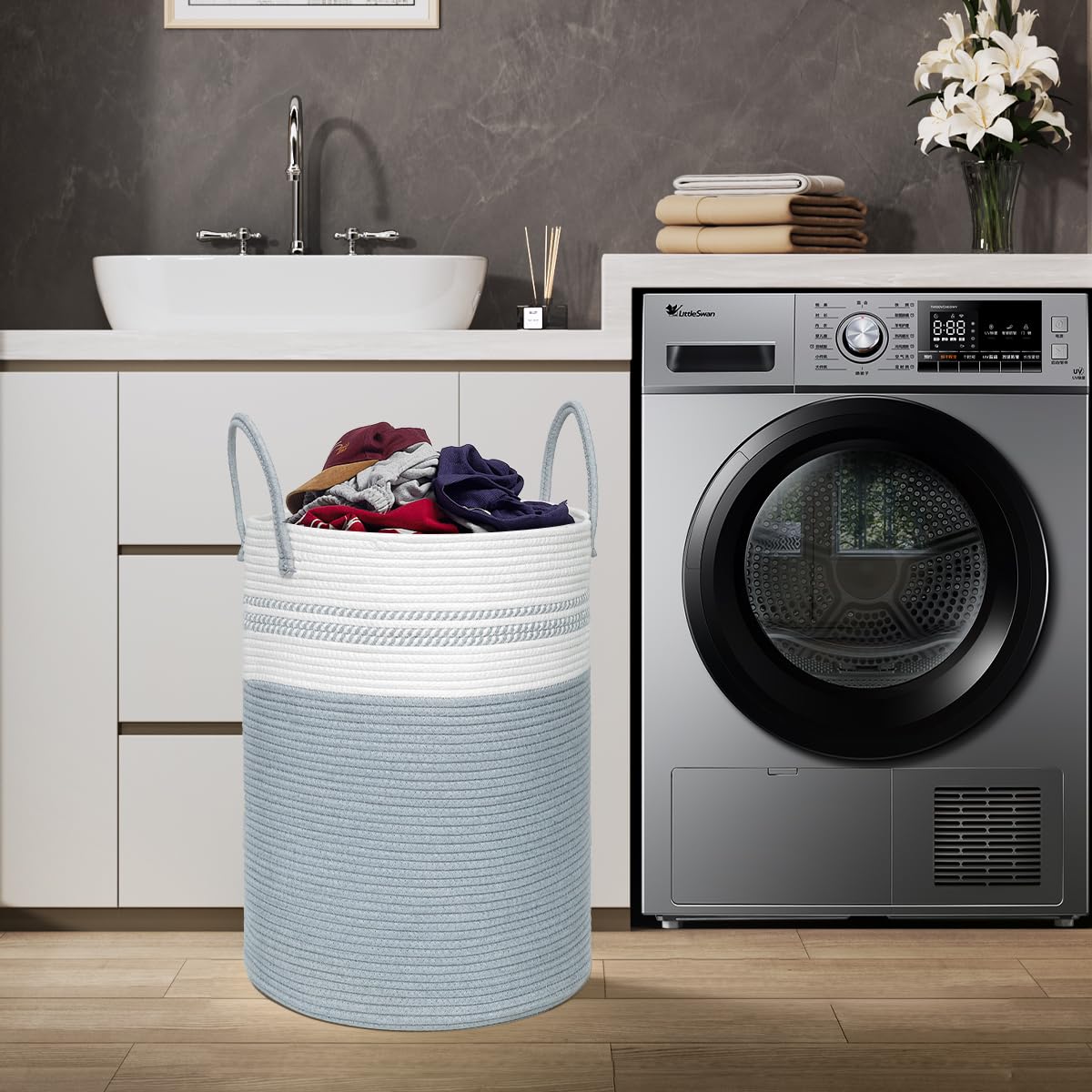 WEAVELYRICS 72L Tall Laundry Basket, Cotton Rope Laundry Hamper, Laundry Hamper with Handles, Decorative Woven Basket for Dirty Clothes, Blankets, Pillows in Bathroom, Bedroom (Gray, 16 x 22in)