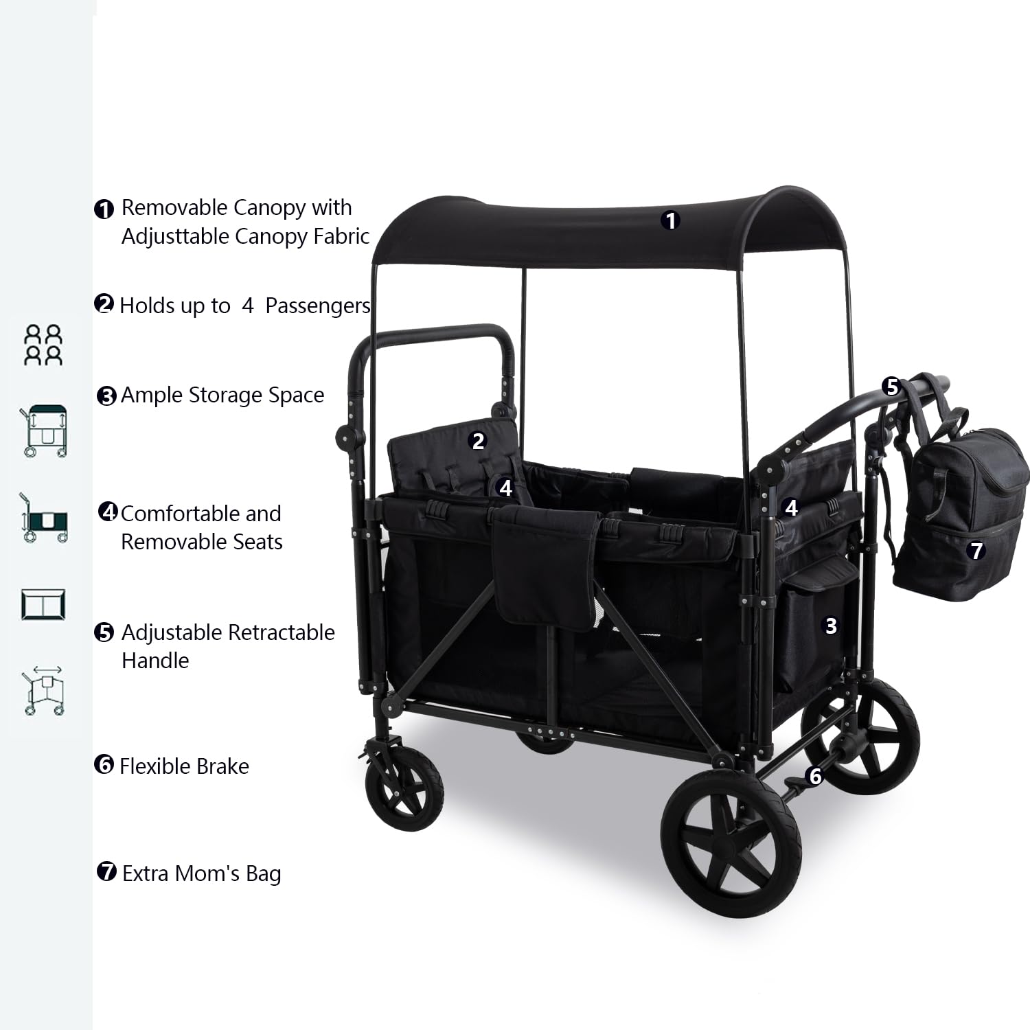 Luxury Tandem Stroller Wagon Stroller Folding Wagon Push-Pull Stroller Four-Wheel Trolley for 4 Kids with 5-Point Harnesses Safety Belt,Detachable Seats,Removable Canopy,Double Push bar for 1-5y+