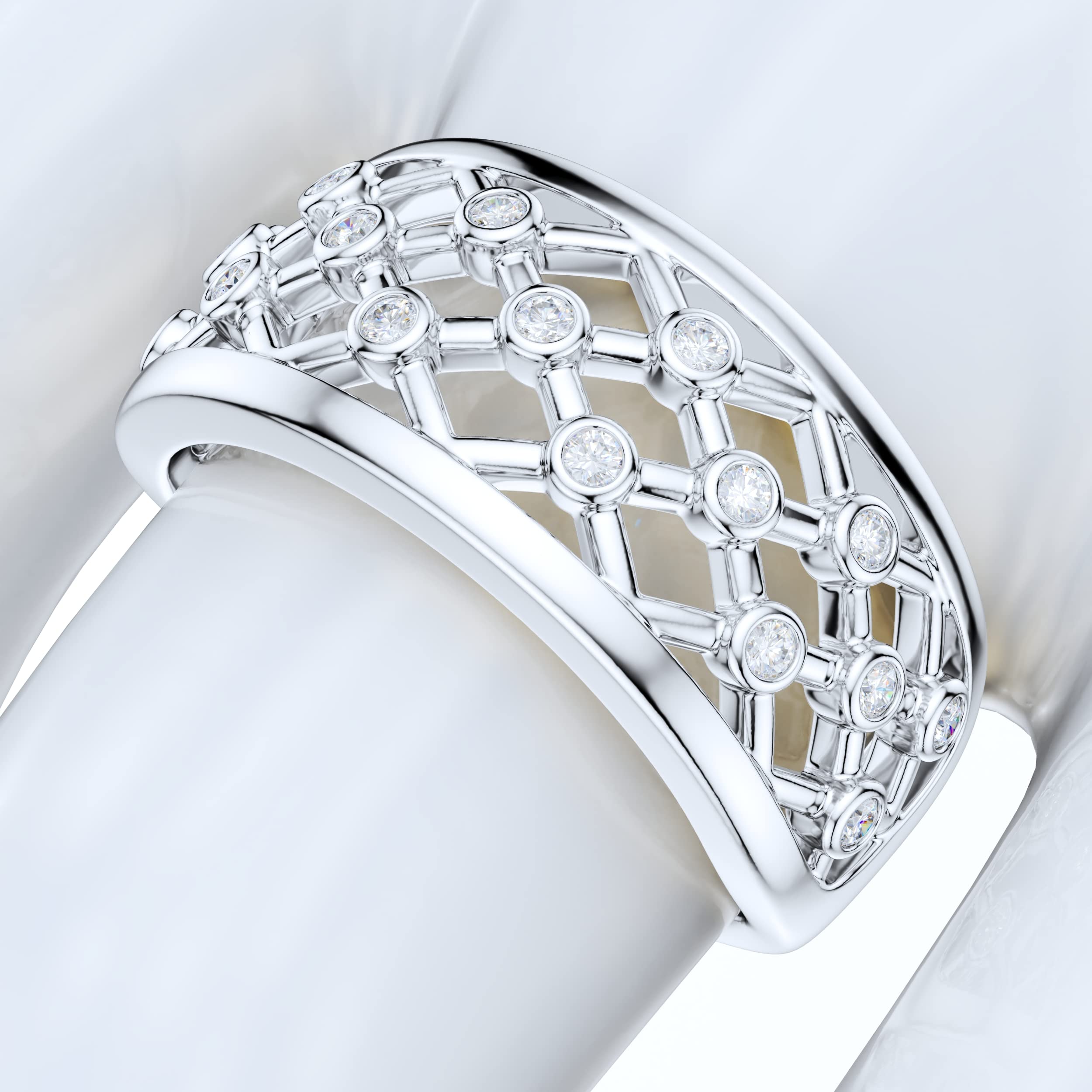 PRSTANI Sterling Silver 9mm Wide Grid Small Simulated Round Brilliant Cut Diamonds Wedding Band Cocktail Ring (9.5)