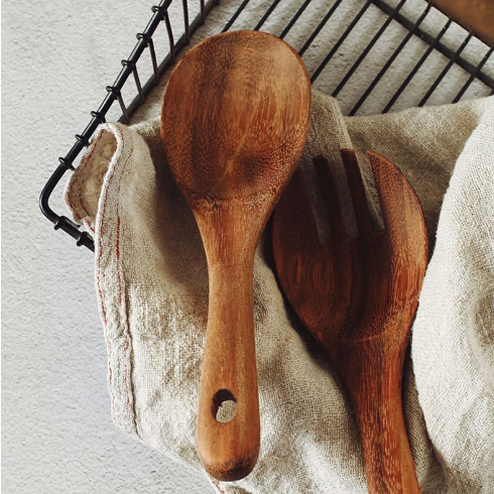 MEGIMA Spoons, Wooden Serving Spoons Rice Scoop Salad Mixing Spoon Large Wood Kitchen Spoon Fork Short Handle Cutlery Set Wood Cooking Utensils