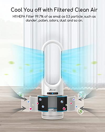 ZICOOLER 32" Tower Fan, 80° Oscillating Bladeless Cooling Fan Air Purifier Combo with Remote, 8 Speeds, 8H Timer, LED Display with Auto Off, Portable Floor Fan for Home Bedroom Living Rooms Office