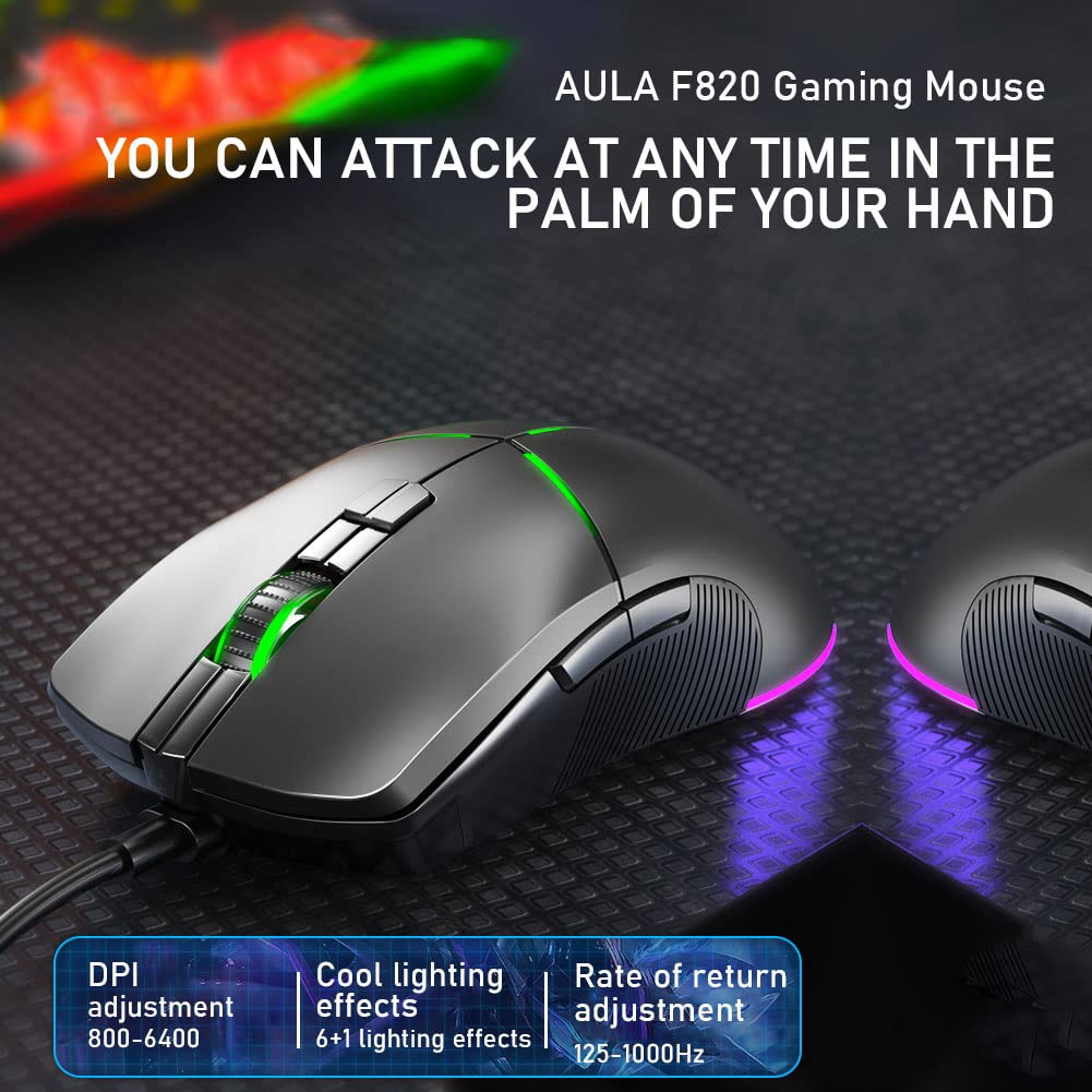 SHUNJINRUN Wired Gaming Mouse RGB Backlit Ergonomic Lightweight USB Mouse with 7 Backlight Modes up to 6400 DPI for Laptop Windows PC Gamers (F820-Black)