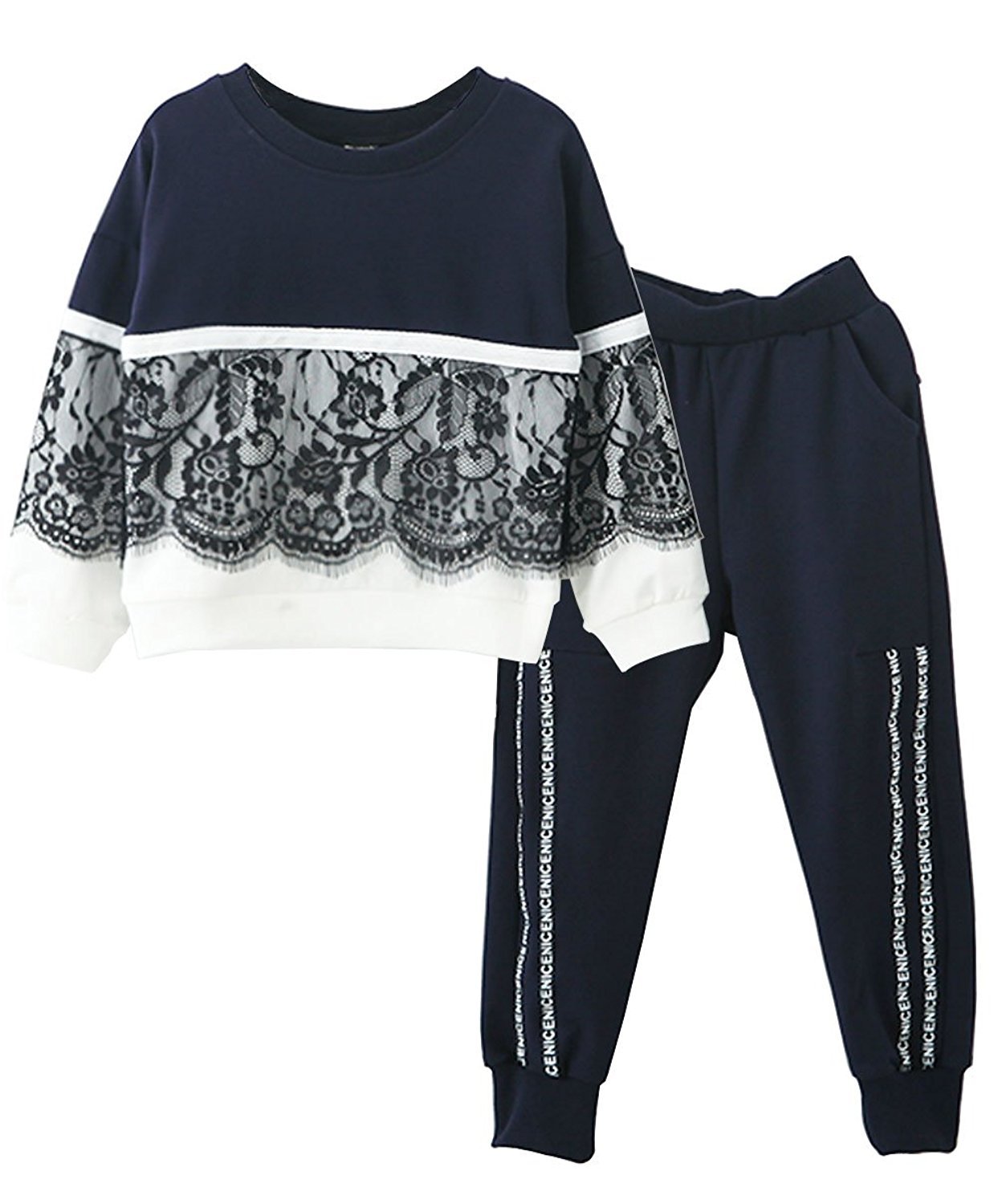 M RACLE Cute Little Girls' 2 Pieces Long Sleeve Top Pants Leggings Clothes Set Outfit (4-5 Years(110), Navy White)