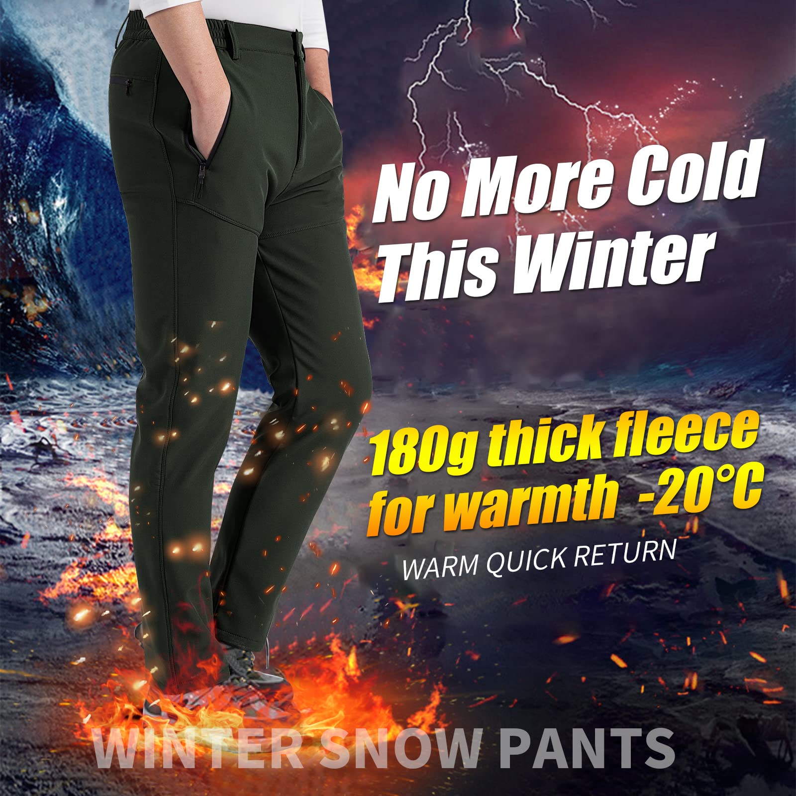 solo soplo Men's Soft Shell Ski Snow Pants Winter Pants Snowboarding Pants Fleece Lining Water Resistance Hiking Pants Green