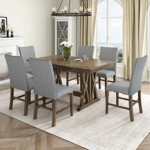 LUMISOL 7 Piece Dining Table Set Mid Century Style Extendable Kitchen Dining Set for 6-8 Persons with 12" Leaf Solid Wood Dining Table Set with 6 Chairs, Golden Brown