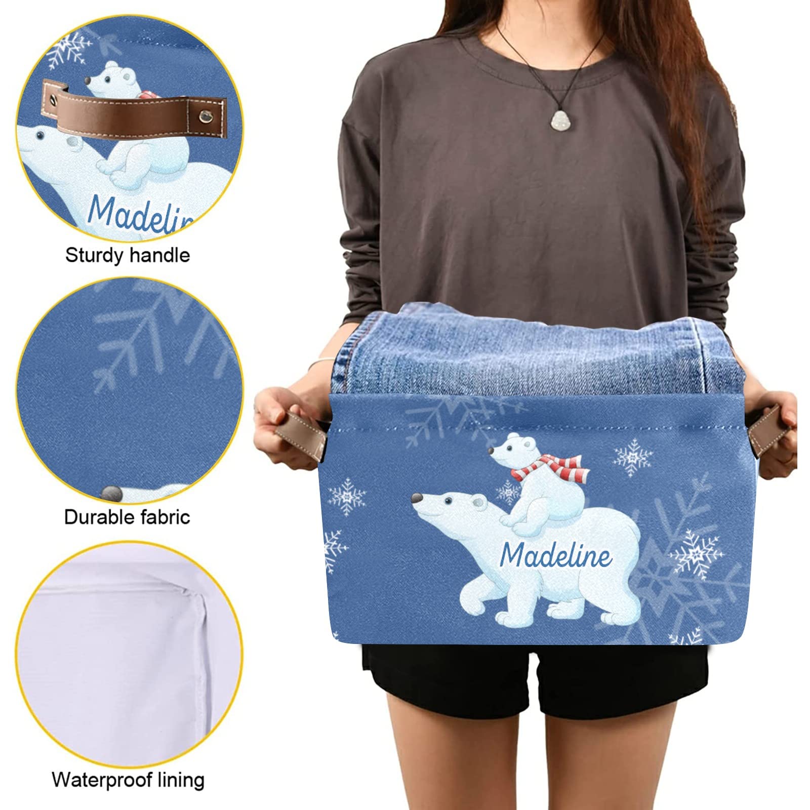 Winter Polar Bear Personalized Storage Basket,Custom Storage Bins Cubes Organizer with Handle for Bedroom Wardrobe,Nursery,Basket 1 Pack