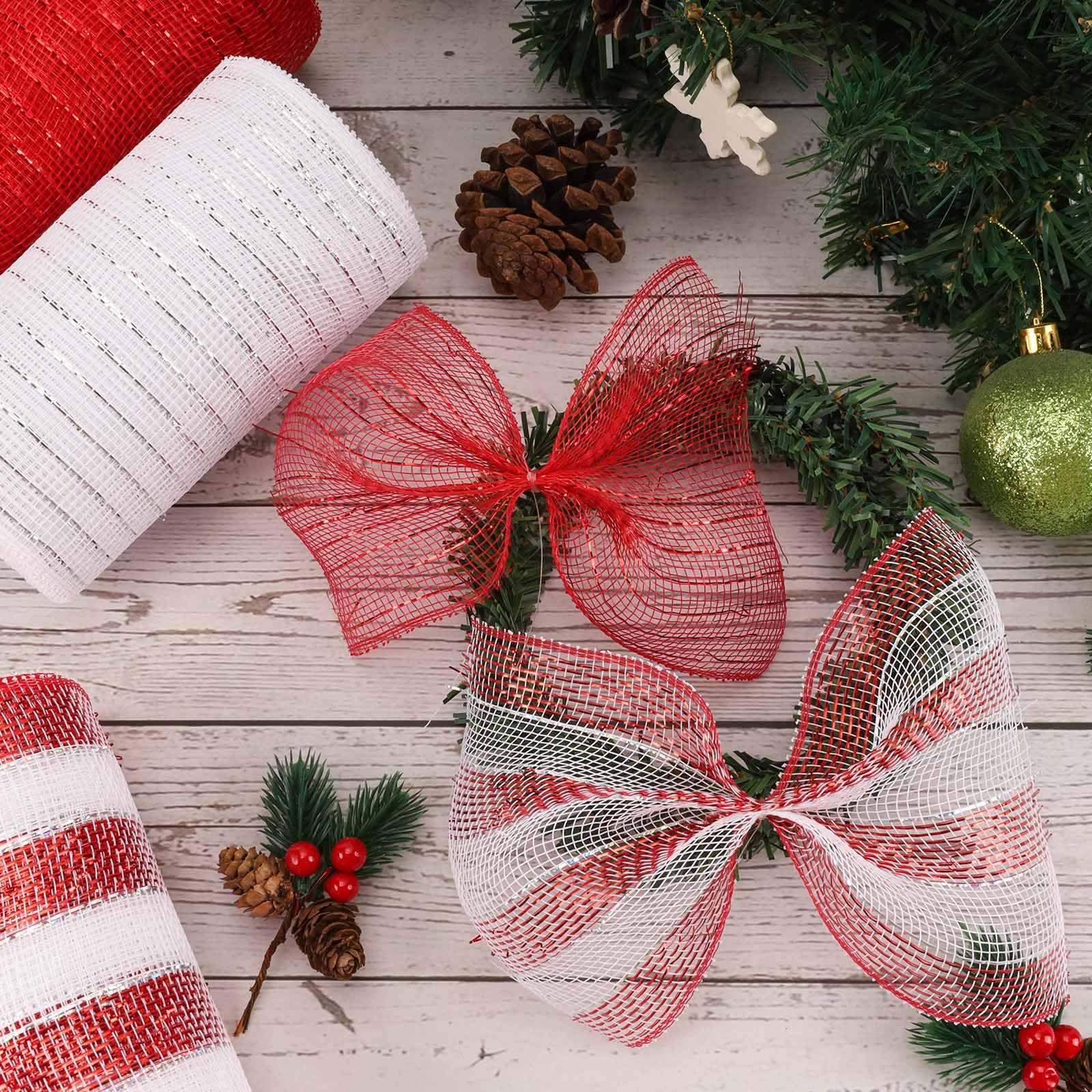 LaRibbons Deco Mesh Ribbon,6 inch x 30 feet Each Roll,Metallic Foil Red and White Rolls for Wreaths, Swags and Christmas Tree Decoration,4 Roll