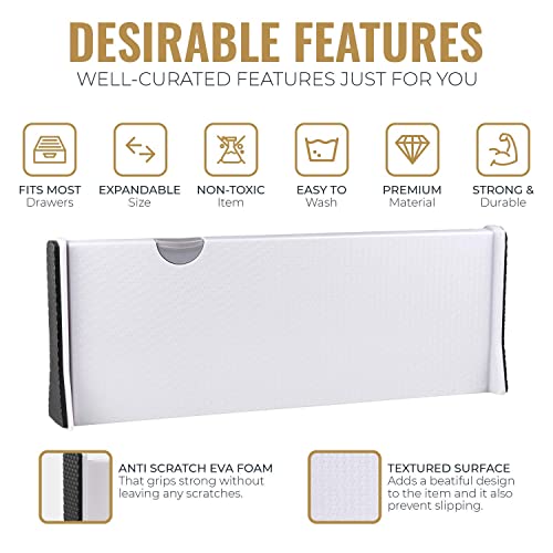 RAPTUROUS Deep Drawer Divider 5 Pack, [5 Inch Tall, 13-22"] Long Expandable, Adjustable Drawer Dividers for Clothing, Clothes, Dresser, Kitchen, Strong & Sturdy Hold, Soft Foam Edges（White）