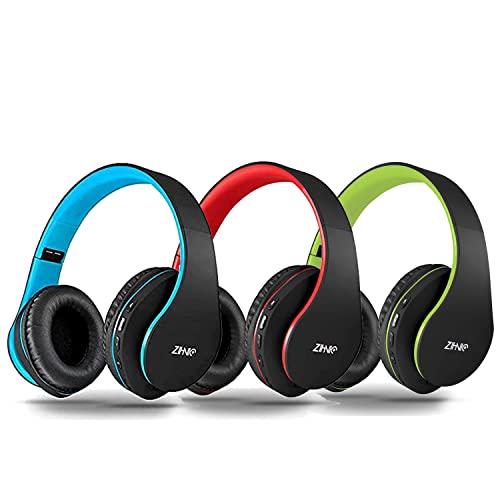 ZIHNIC 3 Items,1 Black Blue Over-Ear Wireless Headset Bundle with 1 Black Red Over-Ear Wireless Headset and 1 Black Green Foldable Wireless Headset