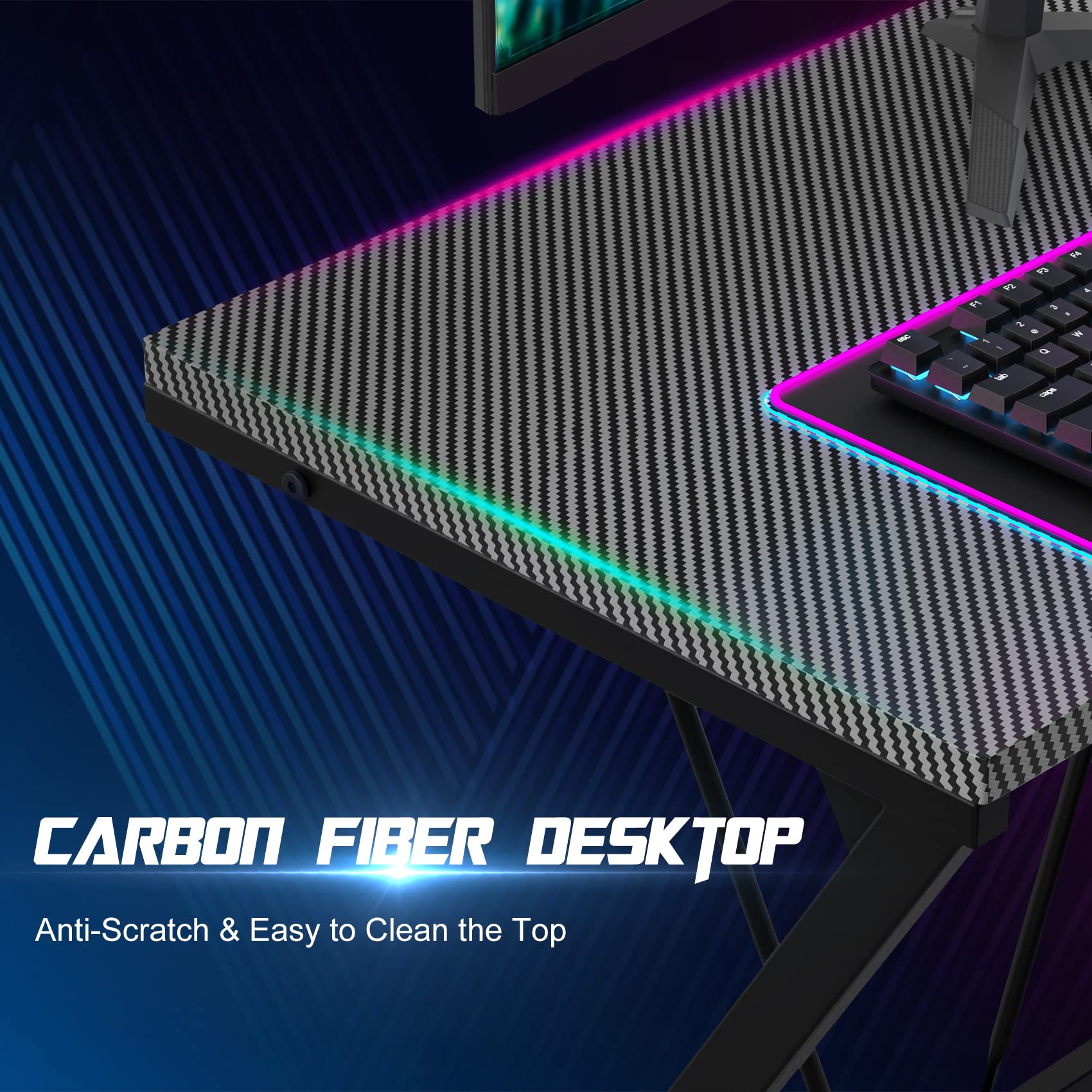 Mr IRONSTONE L Shaped Gaming Desk, 50.8'' Corner Computer Desk with Durable Carbon Fiber Surface, Home Office L Shaped Desk with Large Monitor Stand, Cup Holder & Headphone Hook