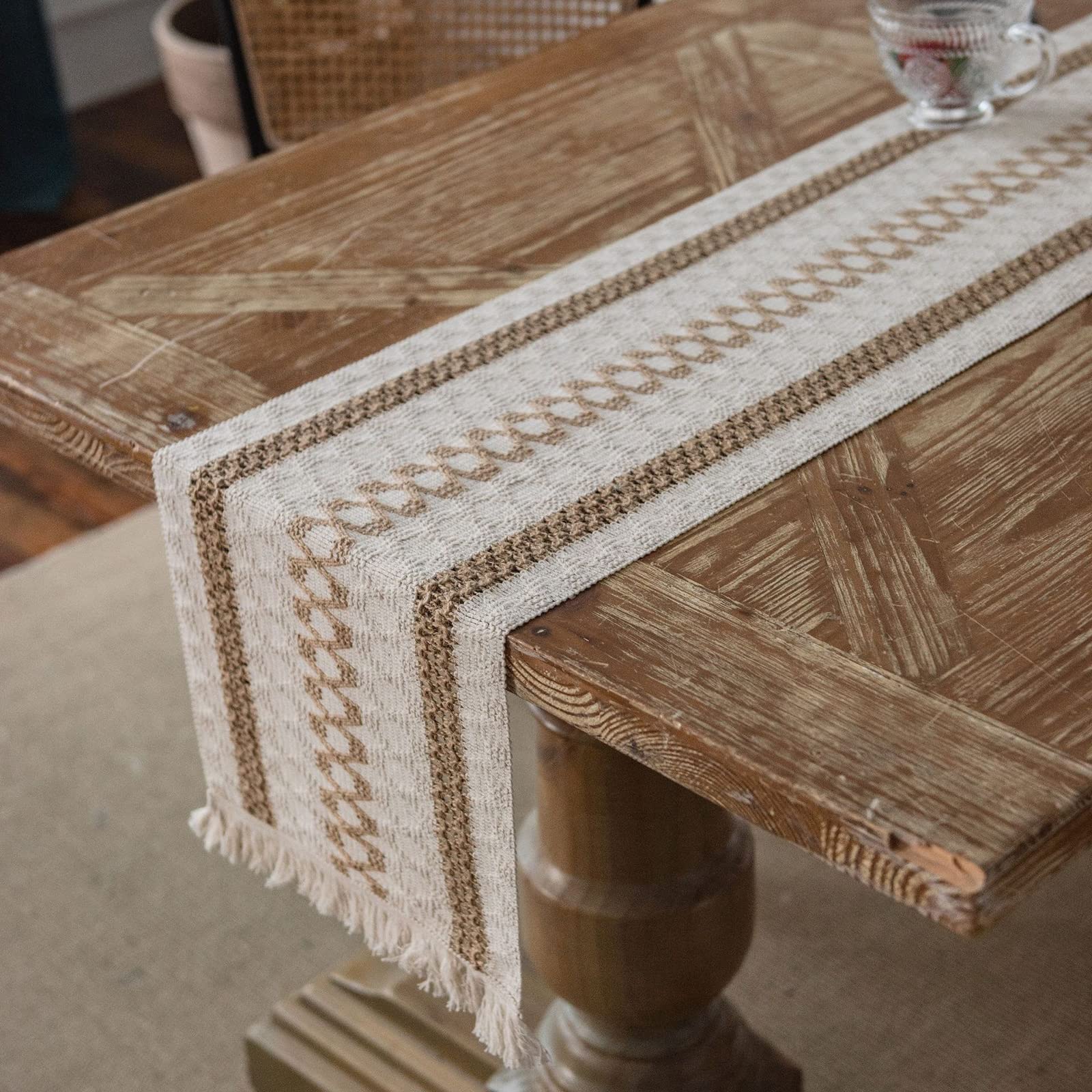 Table Runner 12x72 in, Lizpare Beige Burlap Table Runner with Tassel for Spring Fall Restaurant Decoration Holiday Birthday Wedding Bridal Baby Shower Party Kitchen Coffee Dining Dessert Table Decor
