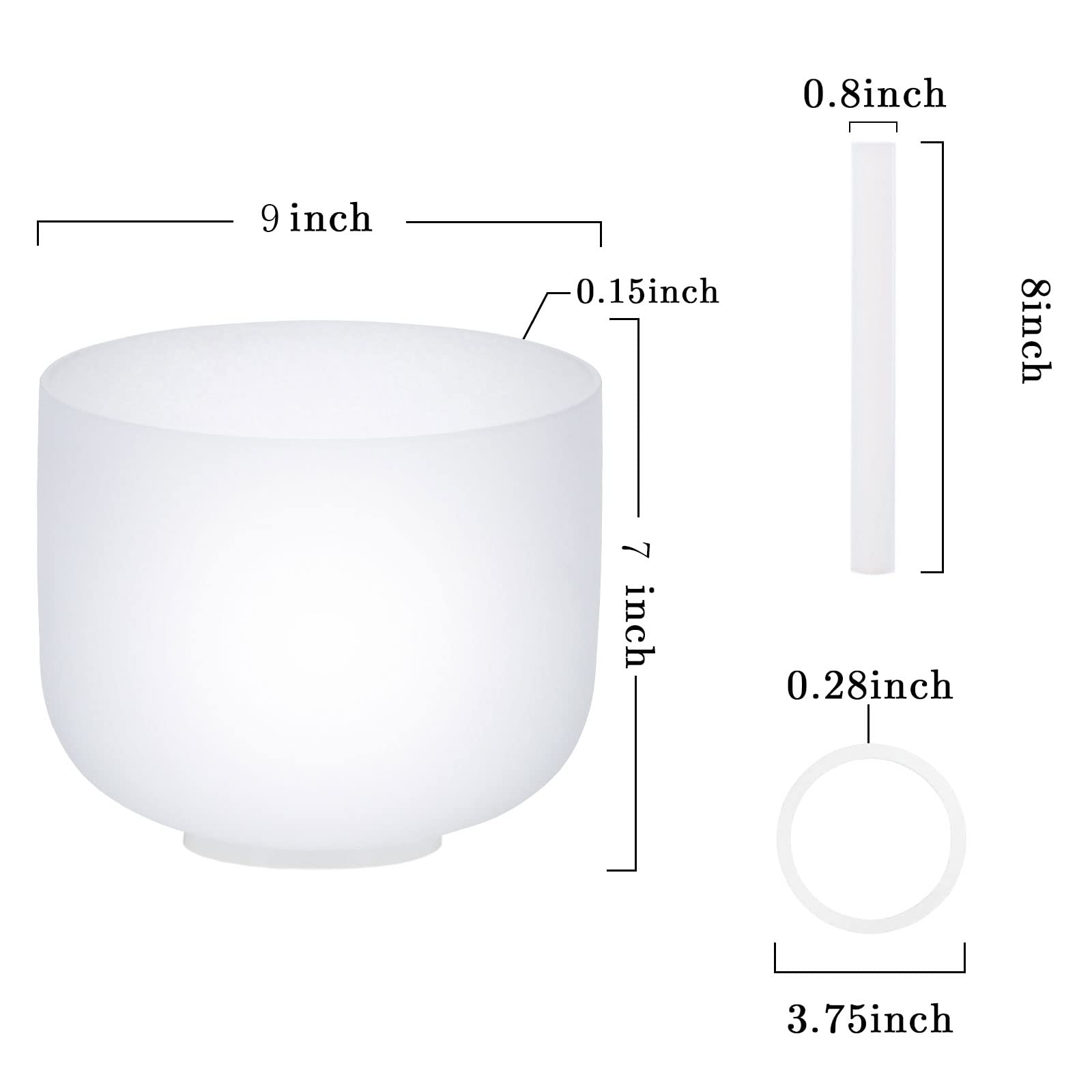 SOLSHINE Crystal Singing Bowl G Note 9 inch 396Hz Throat Chakra Frosted Quartz With Crystal Striker & O-ring Sound Healing Instrument for