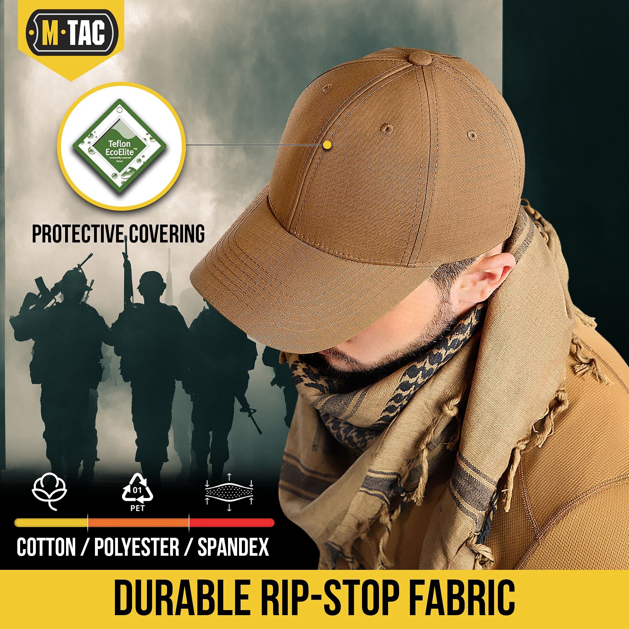 M-Tac Tactical Baseball Cap - Adjustable Plain Workout Ball Cap, Ripstop Hats for Men and Women (Coyote, M)