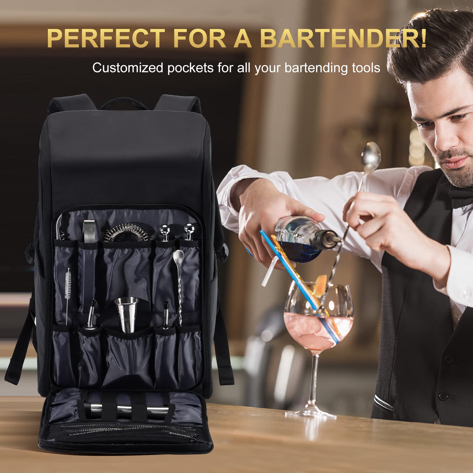 Teavas Bartender Traveling Backpack and mixology Bartender Tool Kits with Bamboo Stand | 25 Pieces of Cocktail Shaker Set with Recipe menu | Barware Present Gift