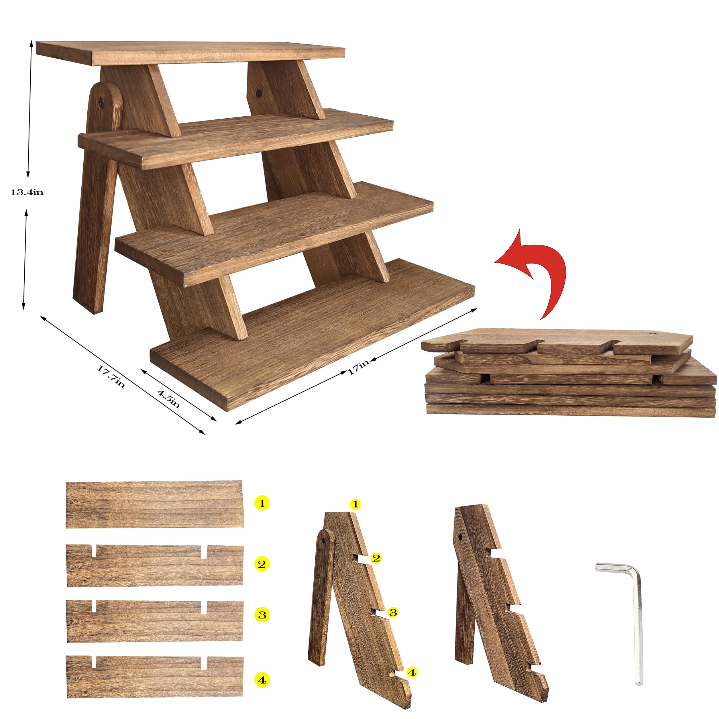 Wooden Display Stand Cupcake Food Retail Table Display,Portable Collapsible 4 Tier Display Shelf Riser,for Vendors Craft Show,Dessert,Cookie Display Stand