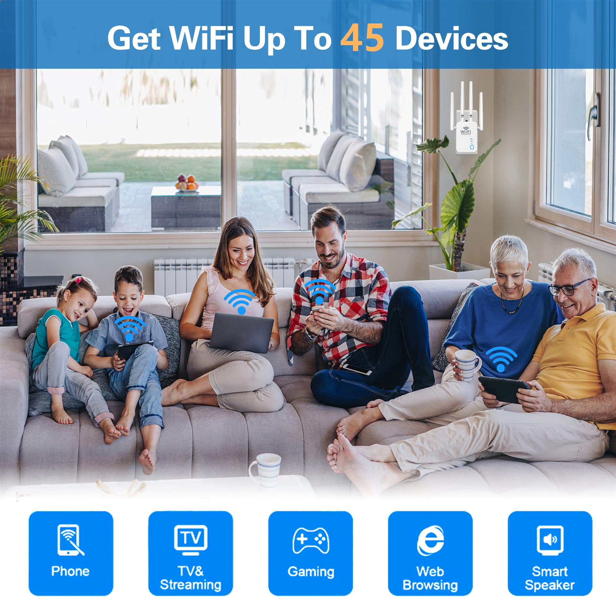 WiFi Extender WiFi 6 Signal Booster Long Range Coverage to 8500sq.ft and 45+ Devices, WiFi 2.4&5GHz Dual Band WPS WiFi Signal Strong Penetrability, 360°Coverage Supports Ethernet Port