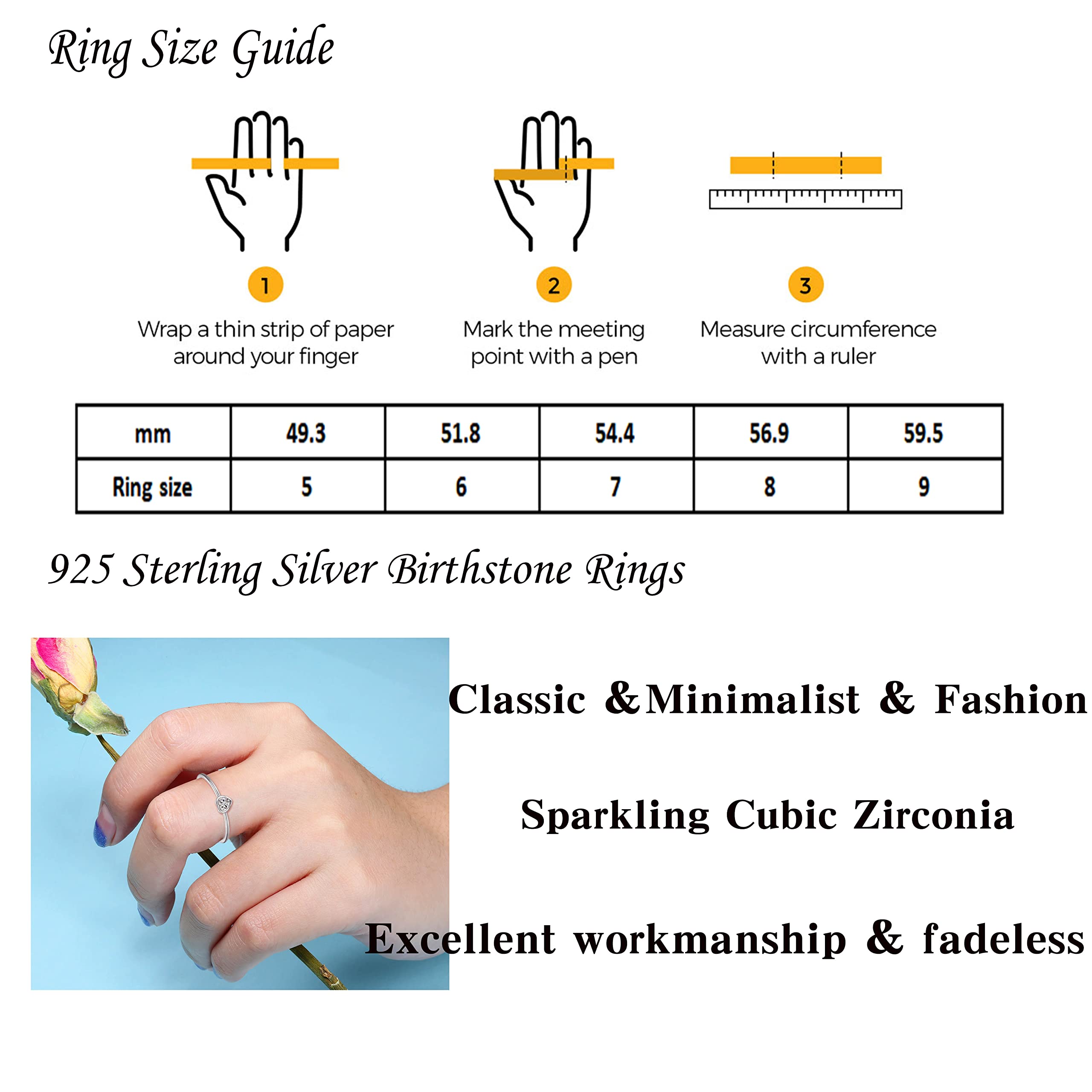 Simple Heart Birthstone Ring for Women 925 Sterling Silver Stackable Promise Ring with Colorful Cubic Zirconia Minimalist Jewelry Gift (March, 6)