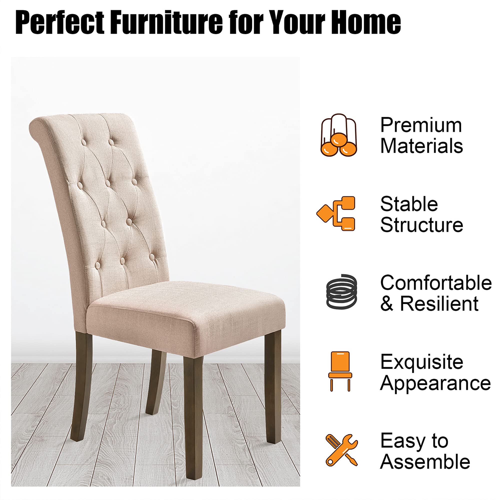 Merax Set of 2 Fabric Dining Chairs, Noble and Elegant Tufted Dining Chair with Solid Wood Legs, Dining Room Set (Beige and Light Brown)