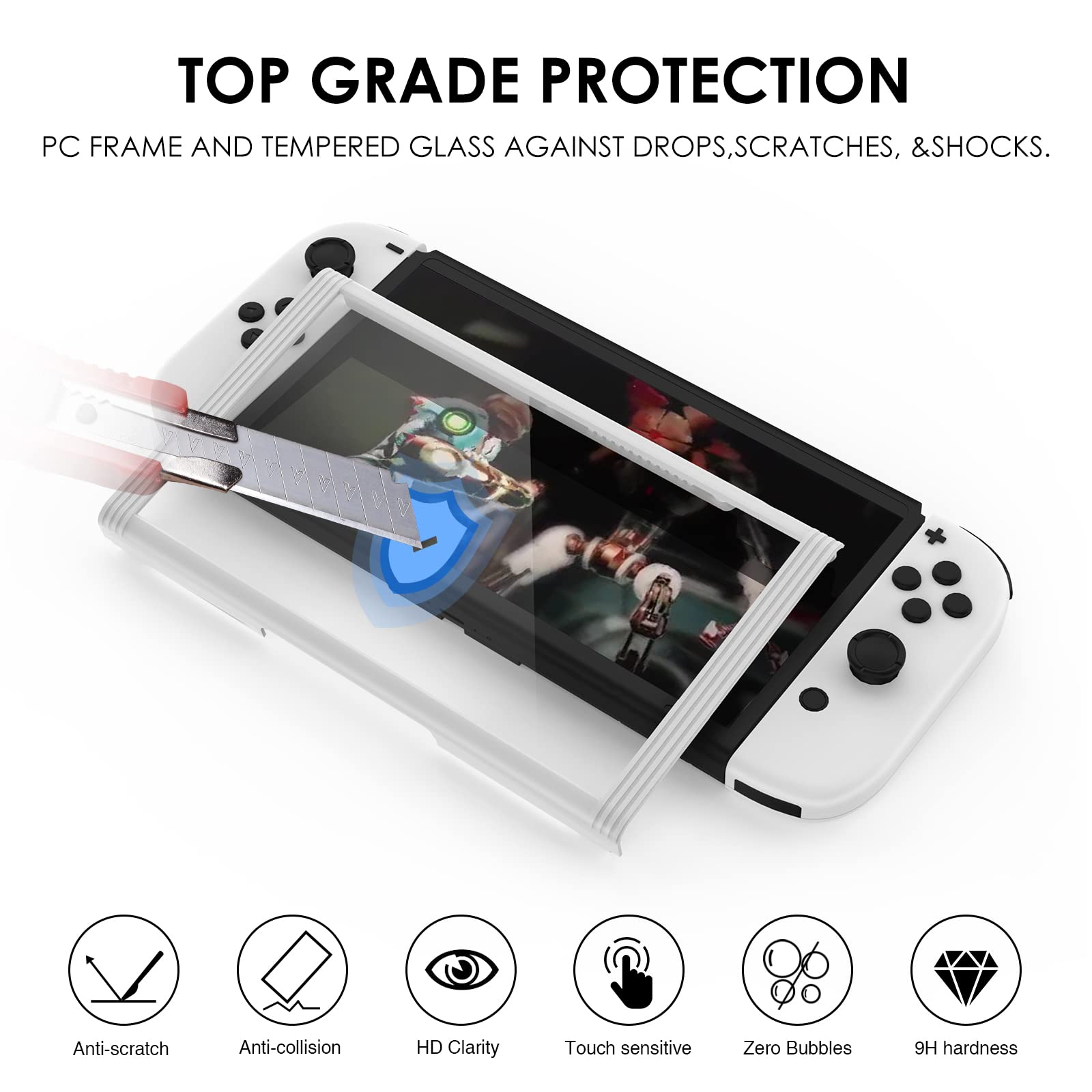 Sibese Tempered Glass Screen Protector Unique Design for Switch OLED Model 2021, HD Clear Screen Protector with PC Frame, Full Cover, Anti-Scratch, Bubble Free (White)