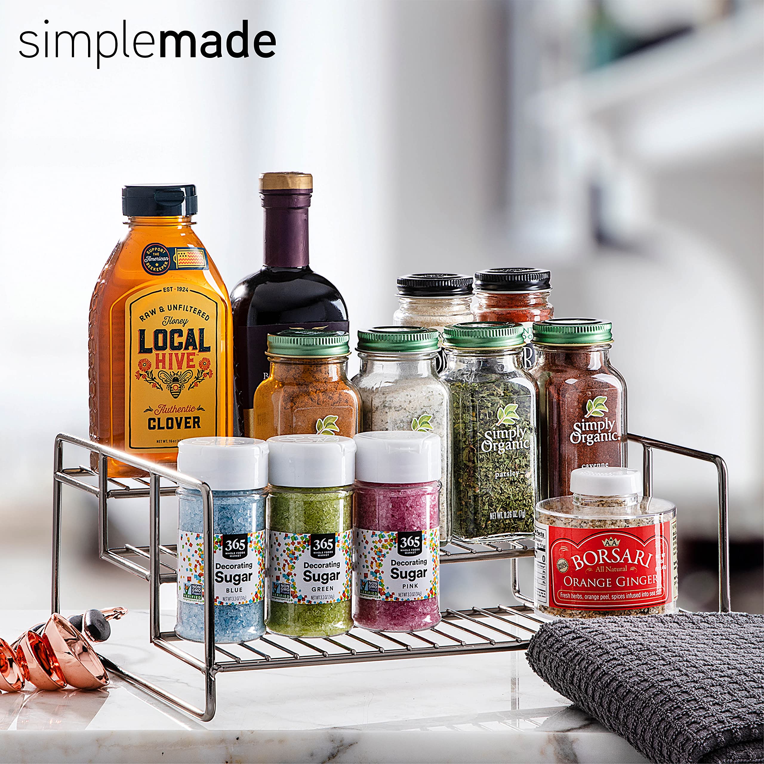 SIMPLEMADE Tier Spice Rack Organizer - Metal 3 Tier Stadium Organizer - Space Saver Spice Rack for Cabinet, Pantry and Countertop - Kitchen and Home Storage and Organization Solutions (Black)