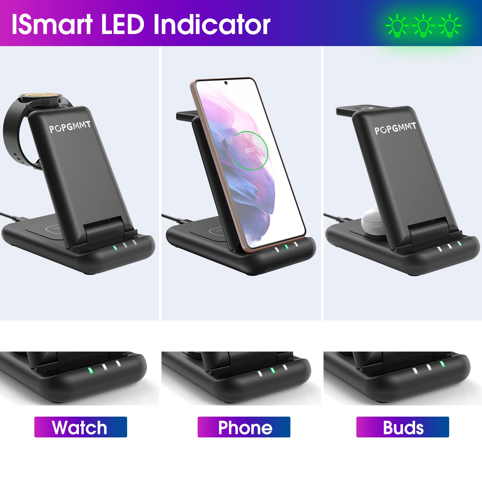 Wireless Charger for Samsung, 3 in 1 Foldable Charging Station/Dock 18W Designed for Samsung S23/S22/S21/Ultra/Plus/S20/S10/S9/Note20/Note10/Z Fold/Flip 4, Galaxy Watch 5/4/3 Active 2, Buds +/Pro/Live