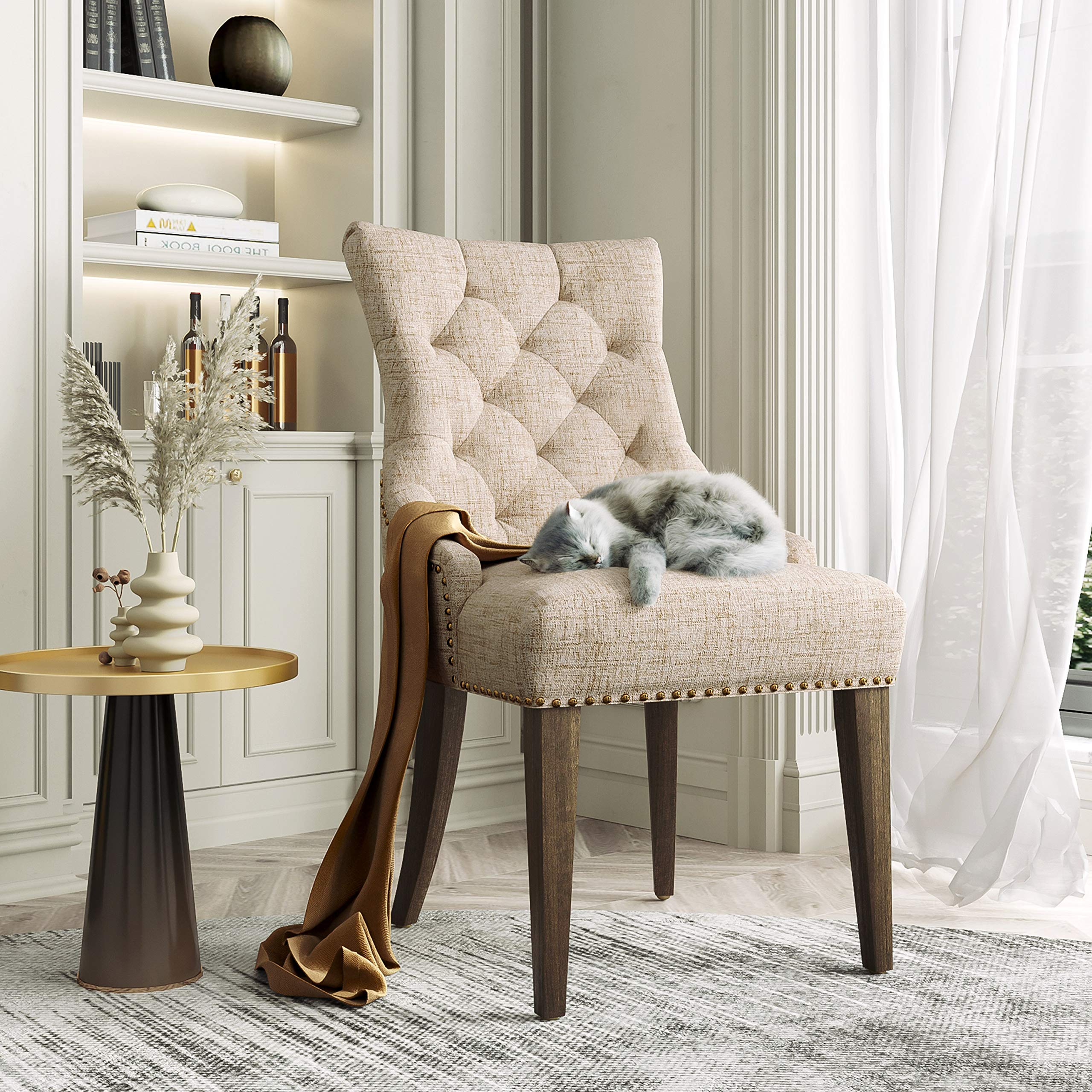 Merax Upholstered Dining Chairs Leisure Padded Chairs with Armrest and Nailed Trim, Beige (Set of 2)