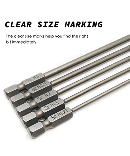VICRAZEE 1.27 1.5 2.0 2.5 3.0mm Hex Head Allen Wrench Drill Bit Set S2 Steel 1/4" Hex Shank 4.3" Long for Electric Screwgun/Power Drill RC Hobby Tools Kit (5-Pack)