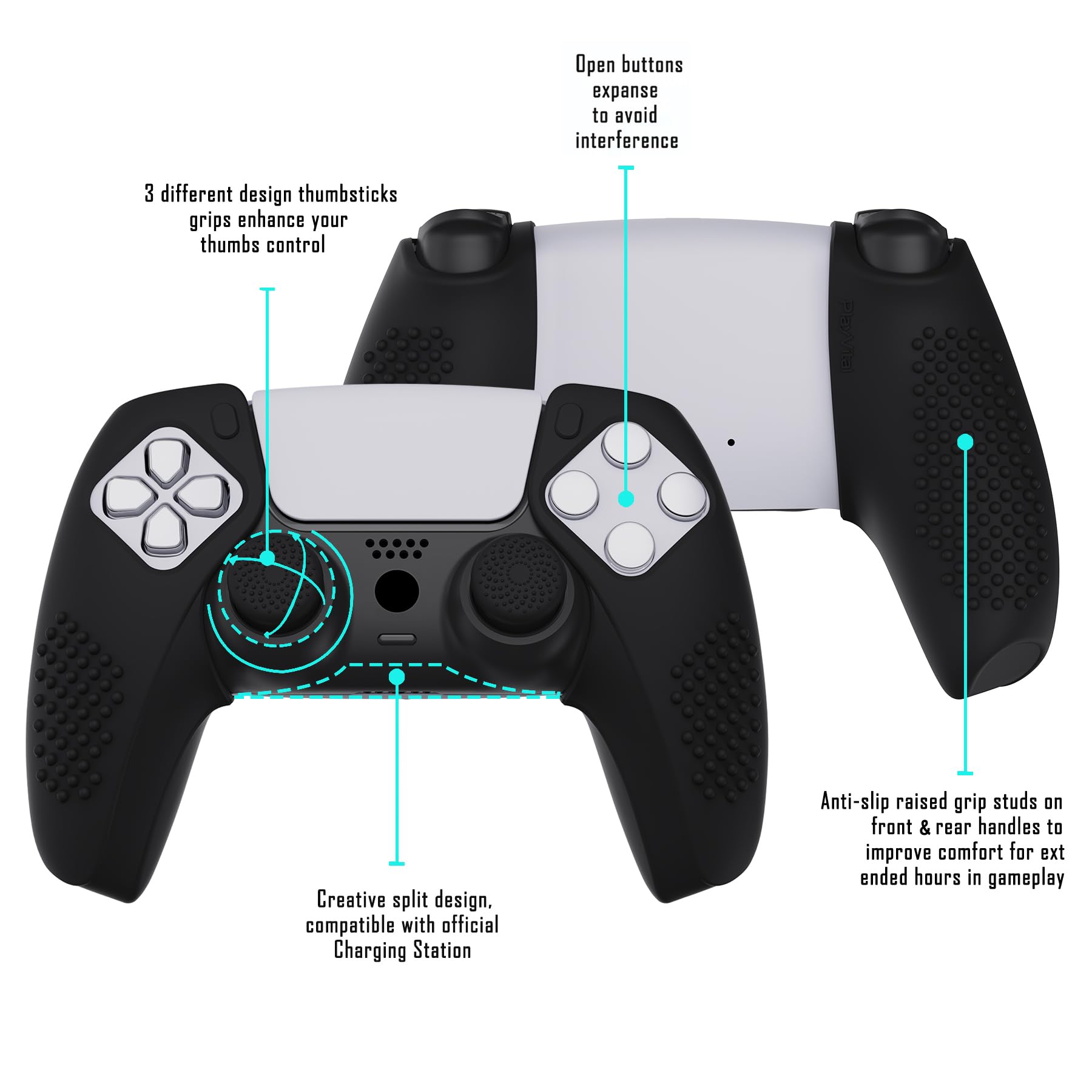 PlayVital 3D Studded Edition Ergonomic Soft Controller Silicone Case Grips for ps5 Compatible with Charging Station Rubber Protector Skins with 6 Thumbstick Caps for ps5 Controller β Black