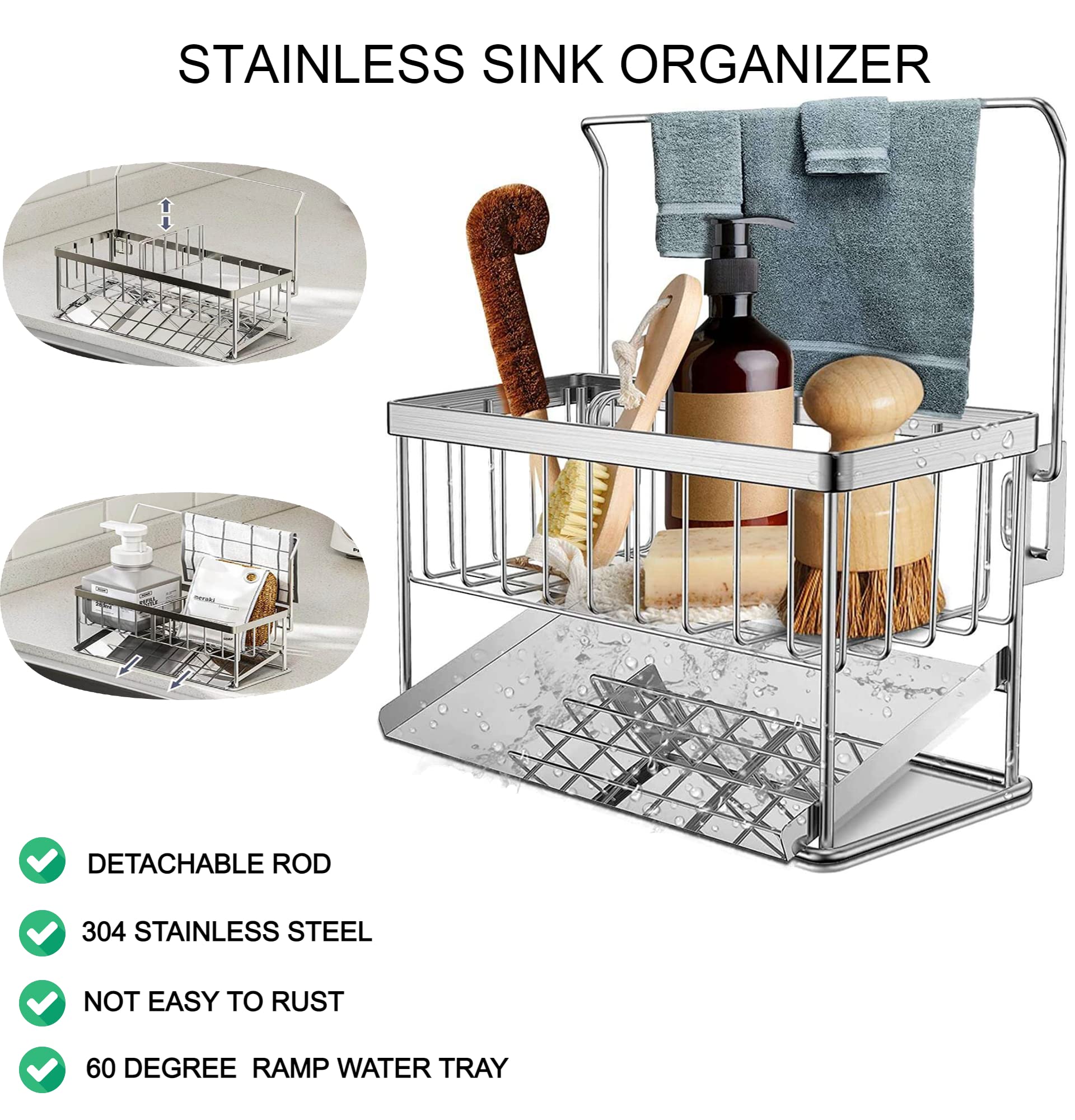 Sink Organizer and Sponge Holder, 304 Stainless Steel Rustproof, Adjustable, Self-Draining Sink Caddy for Sponges, Brushes, Dish Soap,Kitchen Towel,Kitchen Rags