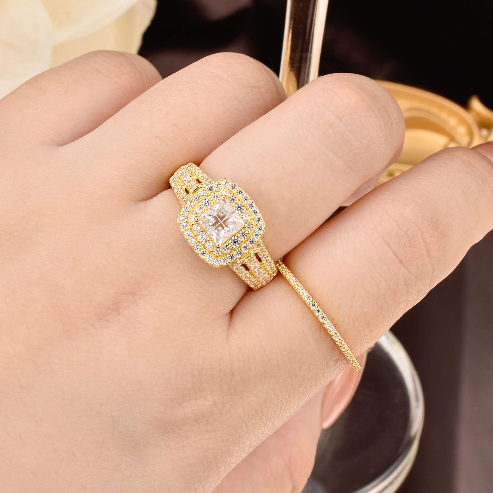 Newshe Wedding Rings for Women Engagement Ring Sets Sterling Silver Cz 1.7Ct Princess Cross Yellow Gold Size 6