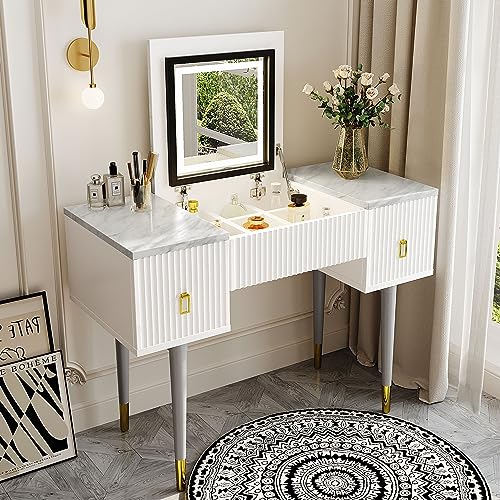 Lifeand 43.3" Modern Vanity Table Set with Flip-top Mirror and LED Light, Dressing Table with Customizable Storage, Marble-Style Stickers Tabletop, White+Gray