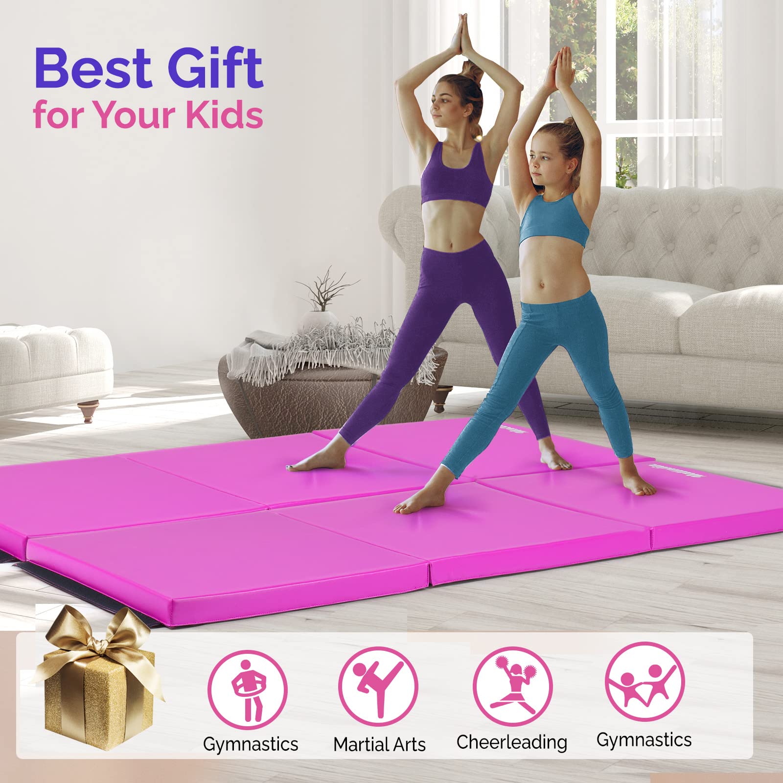 Matladin 6' Folding Tri-fold Gymnastics Gym Exercise Aerobics Mat, 6ft x 2ft x 2in PU Leather Tumbling Mats for Stretching Yoga Cheerleading Martial Arts (Purple)