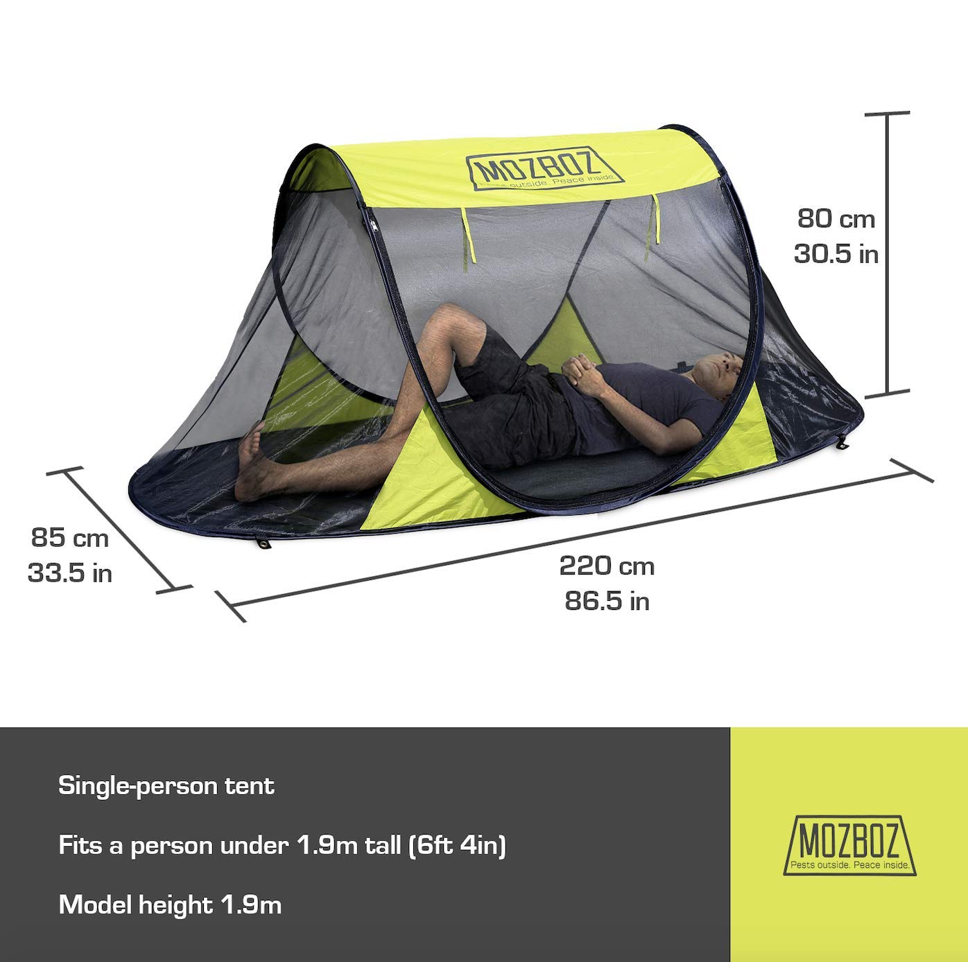 MozBoz One Person Pop Up Mosquito Tent - Free-Standing Bug, Insect Net for Camping, Beach, Hiking - Foldable, Breathable, Compact Mesh Pod - Heavy-Duty Tarp Floor; Storage Bag