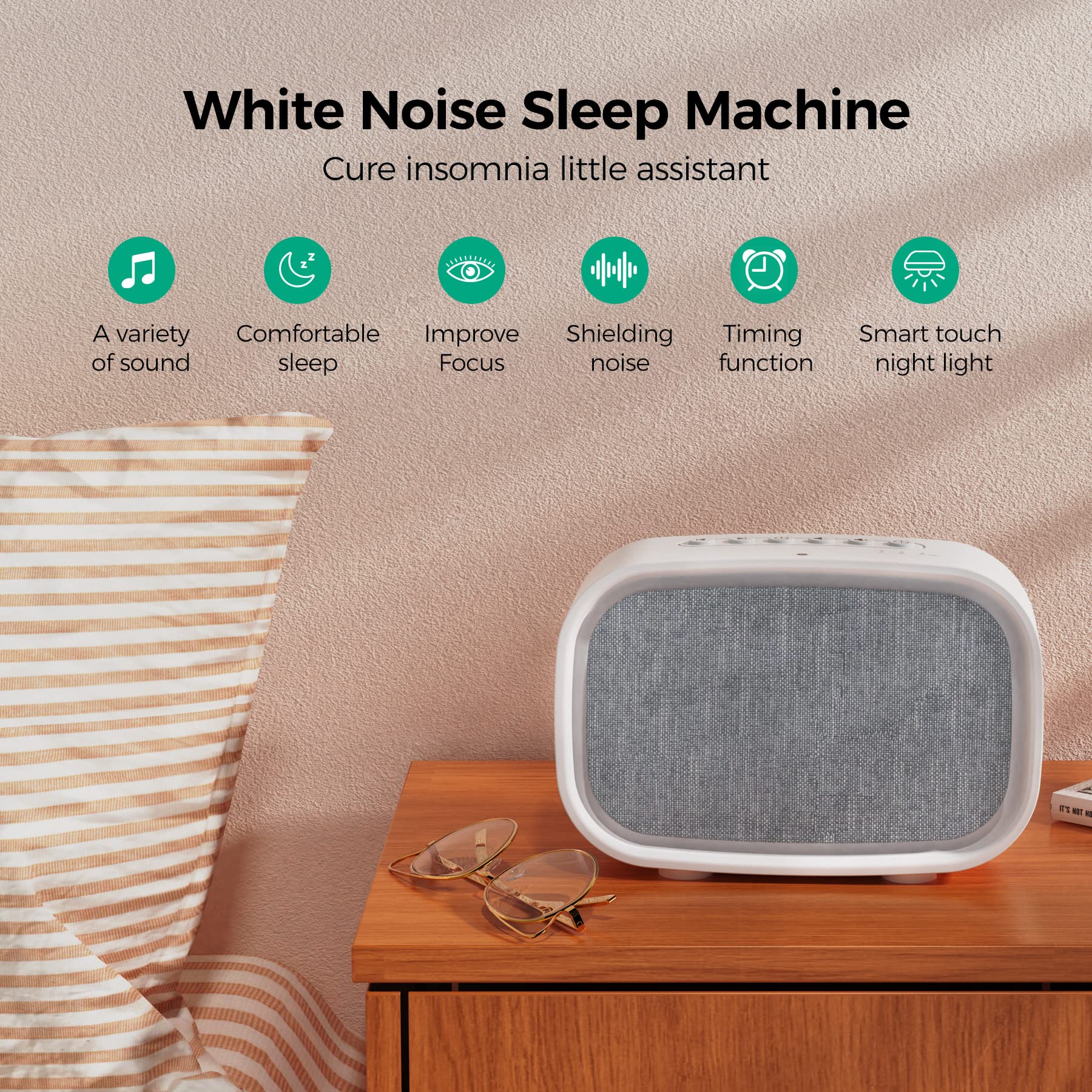 White Noise Machine Portable Sleep Sound Machine Auto Off Timer Natural Soothing Sounds Memory Feature for Adults Baby Deep Sleeping with Night Light Home Office Travel Nursery Gift