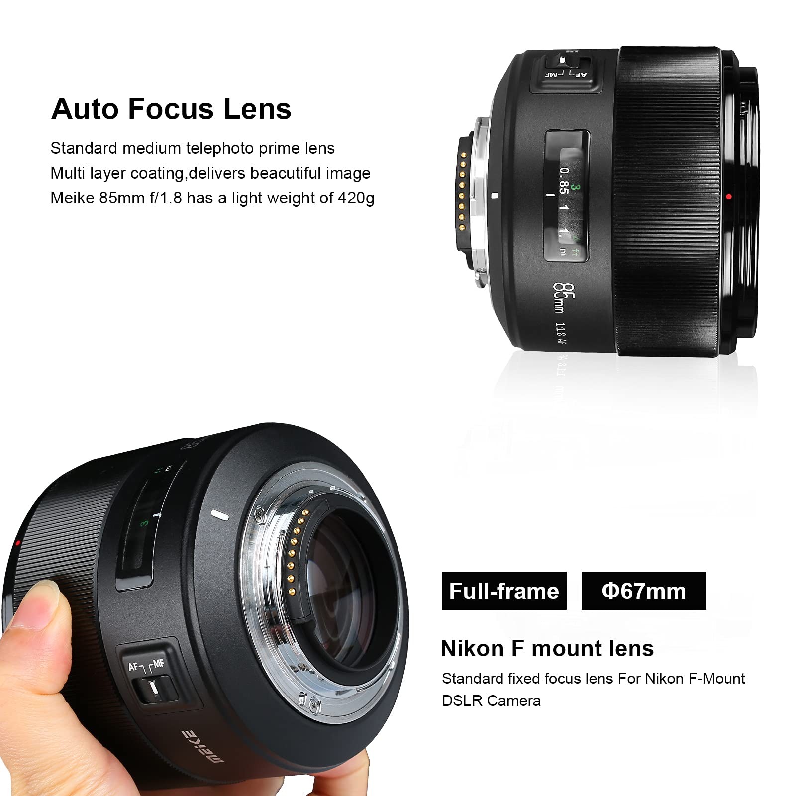 Meike 85mm f1.8 Wide Aperture Full Frame Auto Focus Telephoto Lens for Nikon F Mount DSLR Camera and Compatible with Nikon APS-C Cameras D610 D750 D780 D810