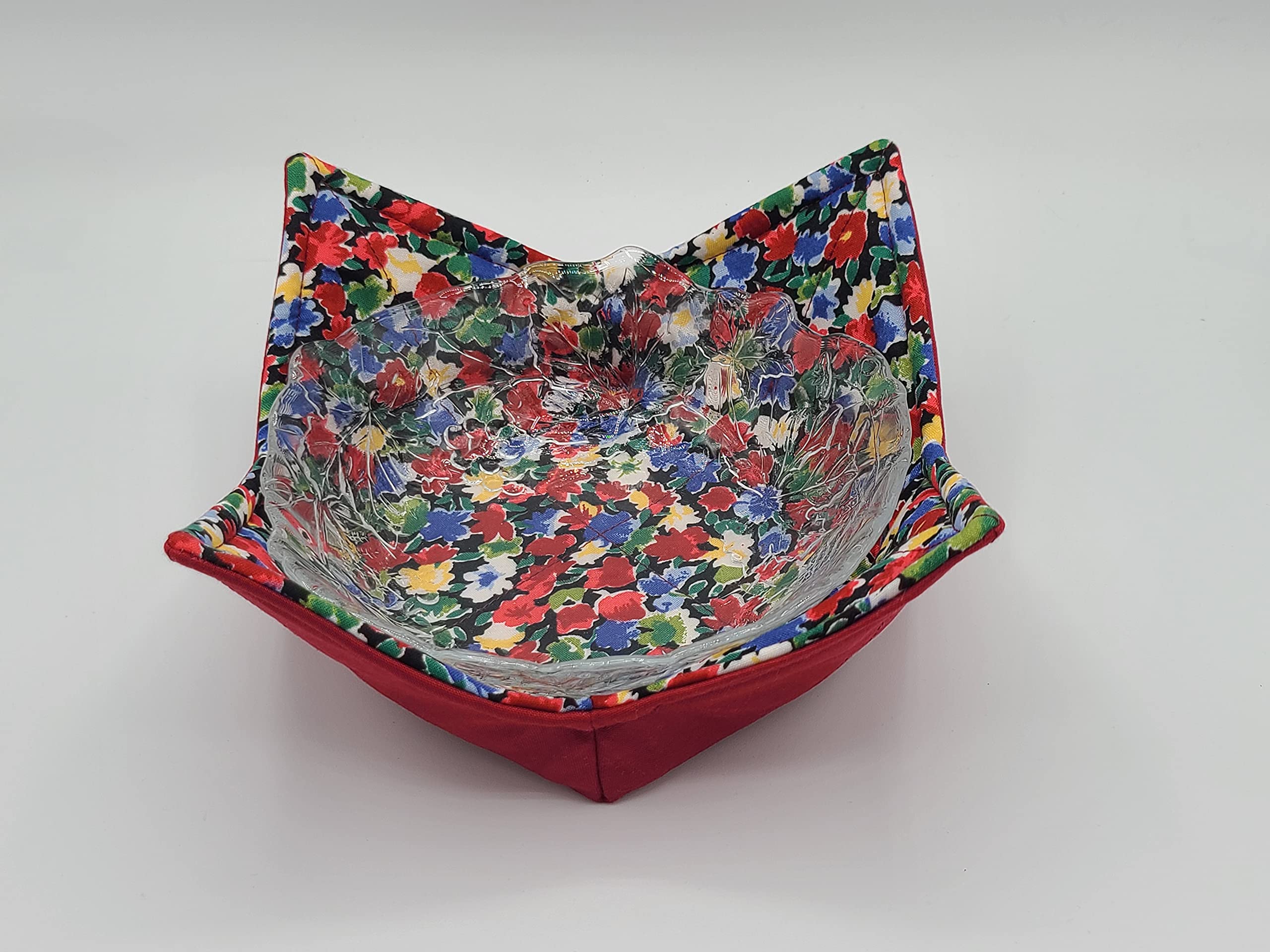 Red White Blue Roses Microwave Cozy Ditzy Floral Reversible Microwaveable Soup Holder Summer Potholder Flower Bowl Buddy Handmade Housewarming Hostess Gifts Under 10