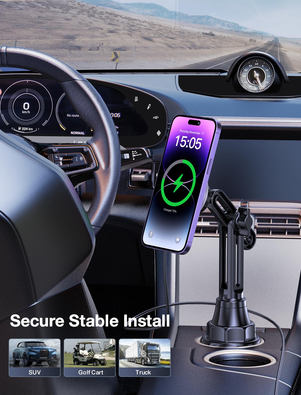 MOKPR for MagSafe Car Mount Charger- Wireless Car Charger Magnetic Cup Holder Phone Mount-Colorful LED HandsFree Magnet Car Charger for iPhone 15/14/13/12 Series