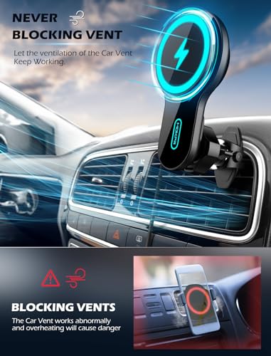 MOKPR for MagSafe Car Mount Charger, 15W Heat Dissipation Wireless Car Charger Fast Charging Magnetic Phone Holder Mount Automobile Car Holder Vent Fits iPhone 15 Pro Max Plus 14 13 12 MagSafe Case
