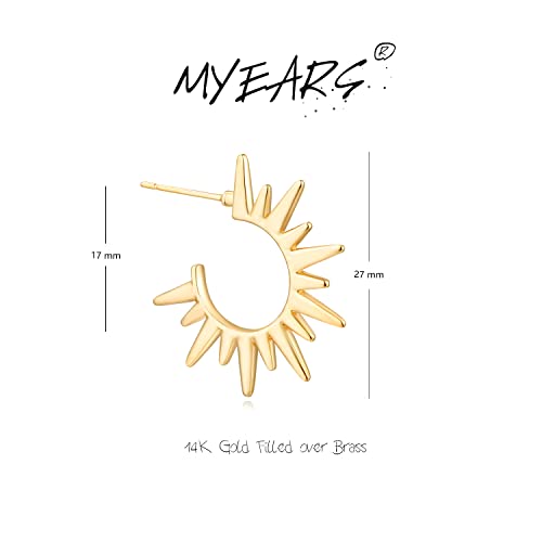 MYEARS Women Sun Earrings Gold Open Spike Hoop C Shape 14K Gold Filled Small Simple Handmade Hypoallergenic Everyday Illusion Jewelry