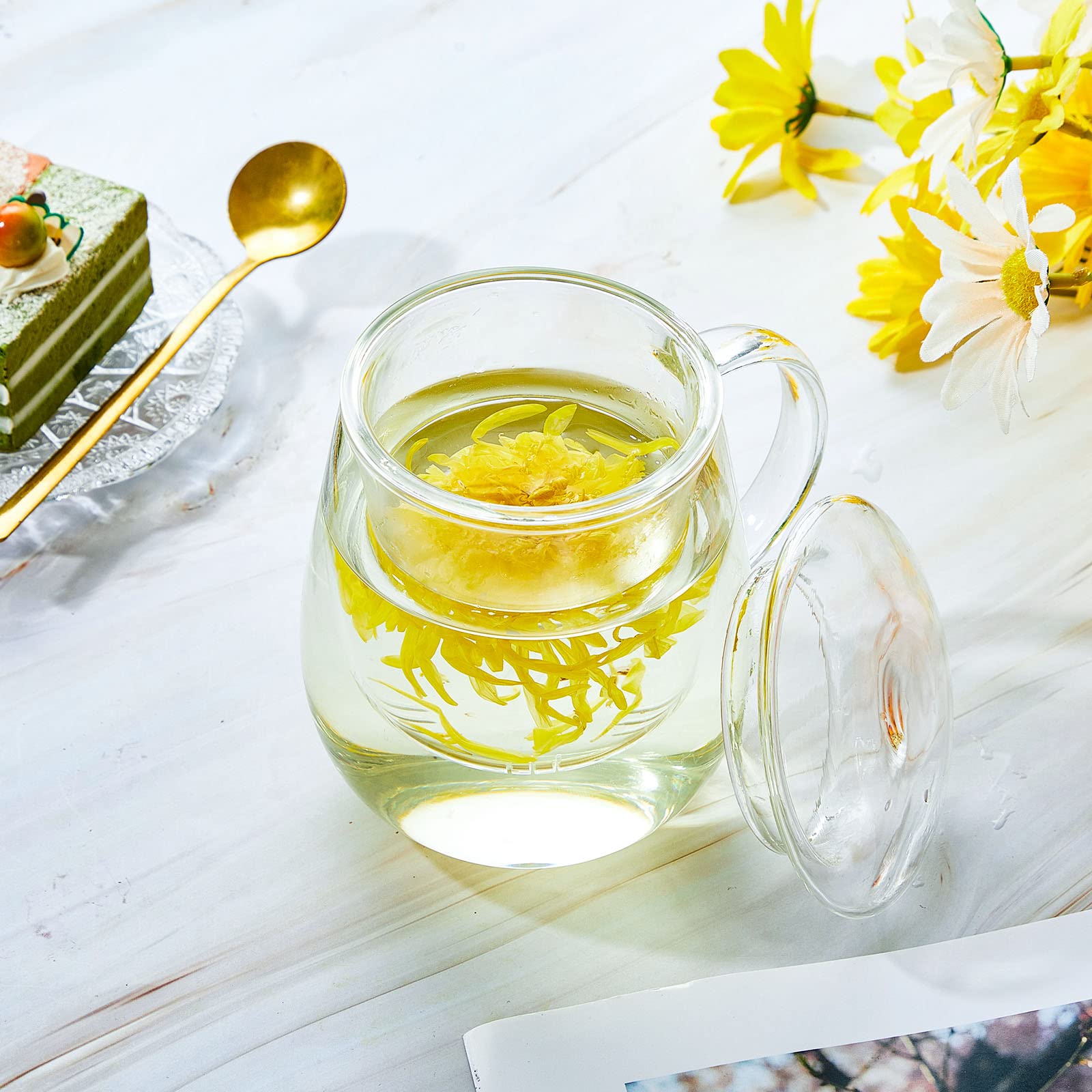 Rtteri Set of 2 Glass Tea Cup with Infuser and Lid 17.6 oz Clear Glass Mugs Thickened Glass Tea Infuser Cup Simple Filtration Teacups for Tea Bag Loose Leaf Tea Blooming Tea