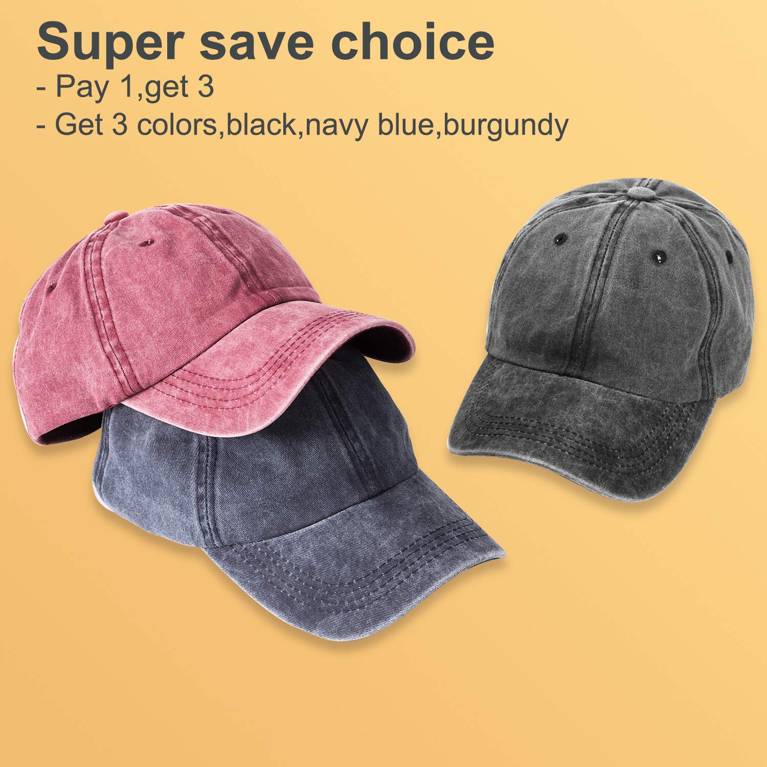 MEINICY 3 Pack Washed Plain Baseball Cap, Retro Adjustable Dad Hats Gift for Men/Women,Unstructured/Cotton