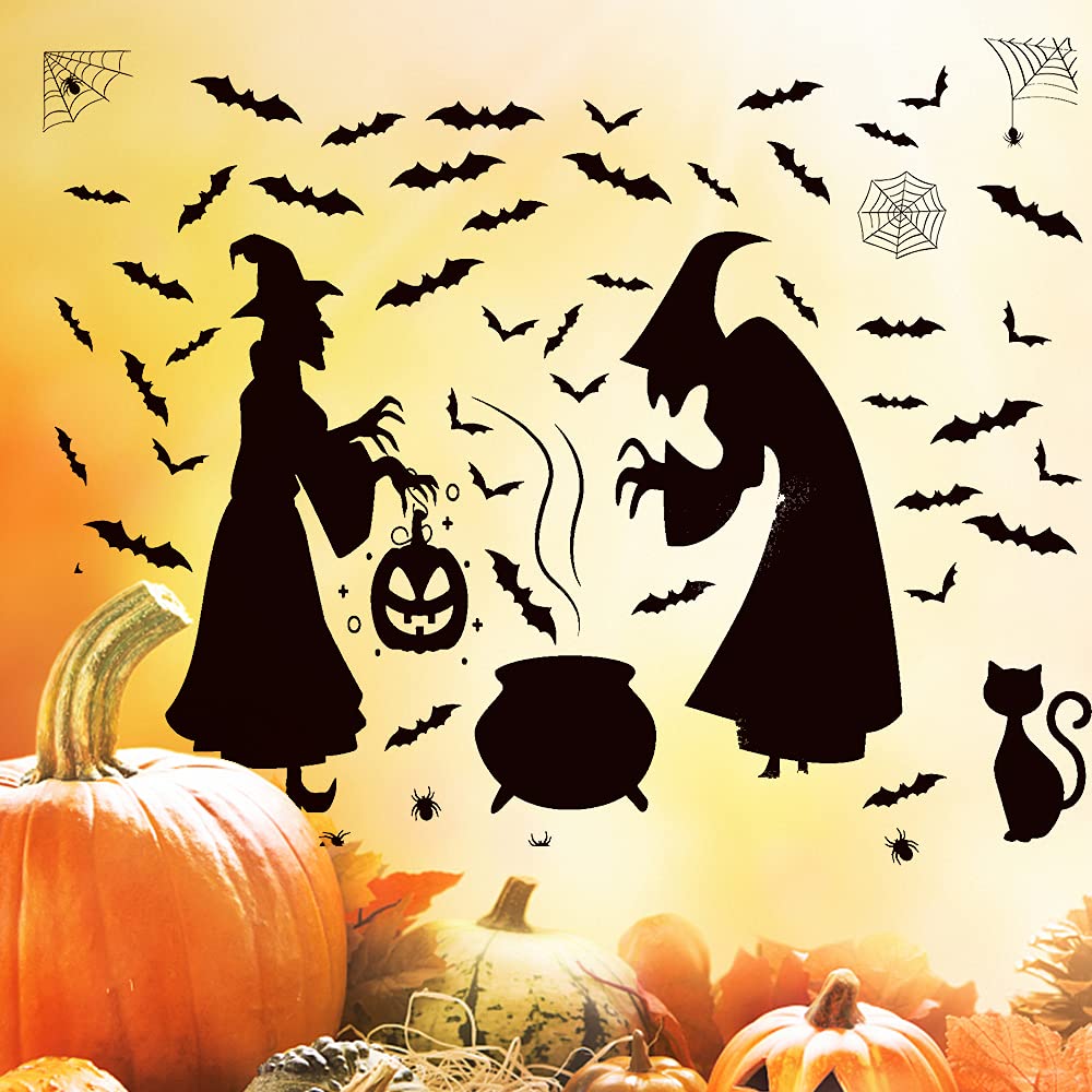 Sika Deer Halloween Window Decorations - Extra Large 2 Witches with Black Cat Bat Spider Cauldron Silhouette Halloween Window Stickers Indoor,Window Clings for Halloween Party Decorations(3 Sheets)