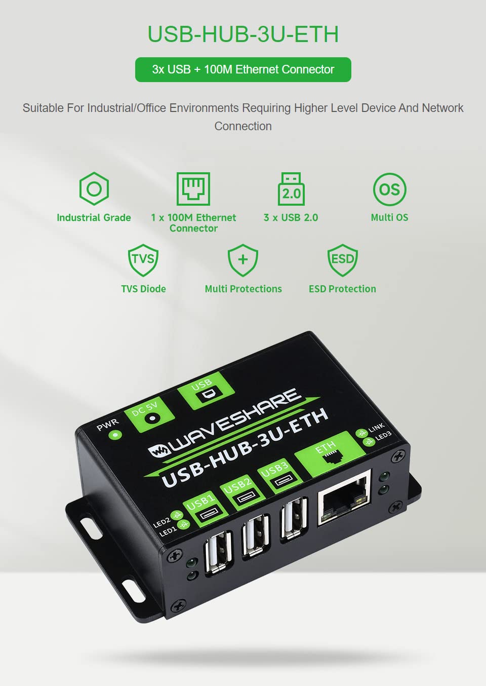 Waveshare Industrial Grade Multifunctional USB HUB Extending 3X USB Ports + 100M Ethernet Port Suitable for Industrial/Office Environments Requiring Higher Level Device and Network Connection