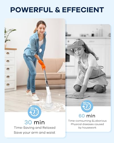 MABOGU Electric Spin Scrubber, Cordless Shower Scrubber with 8 Replaceable Brush Heads, Bathroom Scrubber Electric Dual Speeds, Shower Cleaning Brush with Extension Arm for Tub Tile Floor(Grey&White)