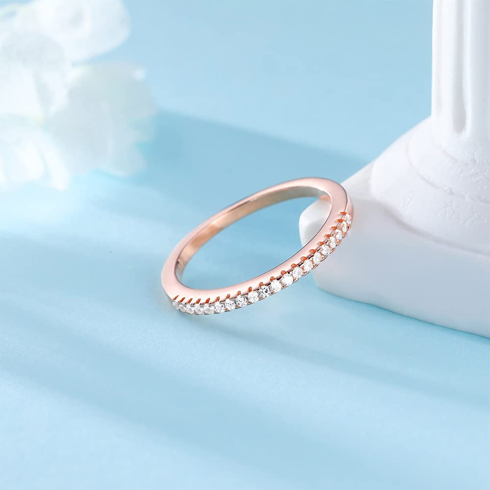 SILBERTALE 925 Sterling Silver 2MM Thin Rose Gold CZ Simulated Diamond Cubic Zirconia Ring Eternity Band Midi Knuckle Finger Engagement Wedding Band Stackable Rings For Her Size 6.5
