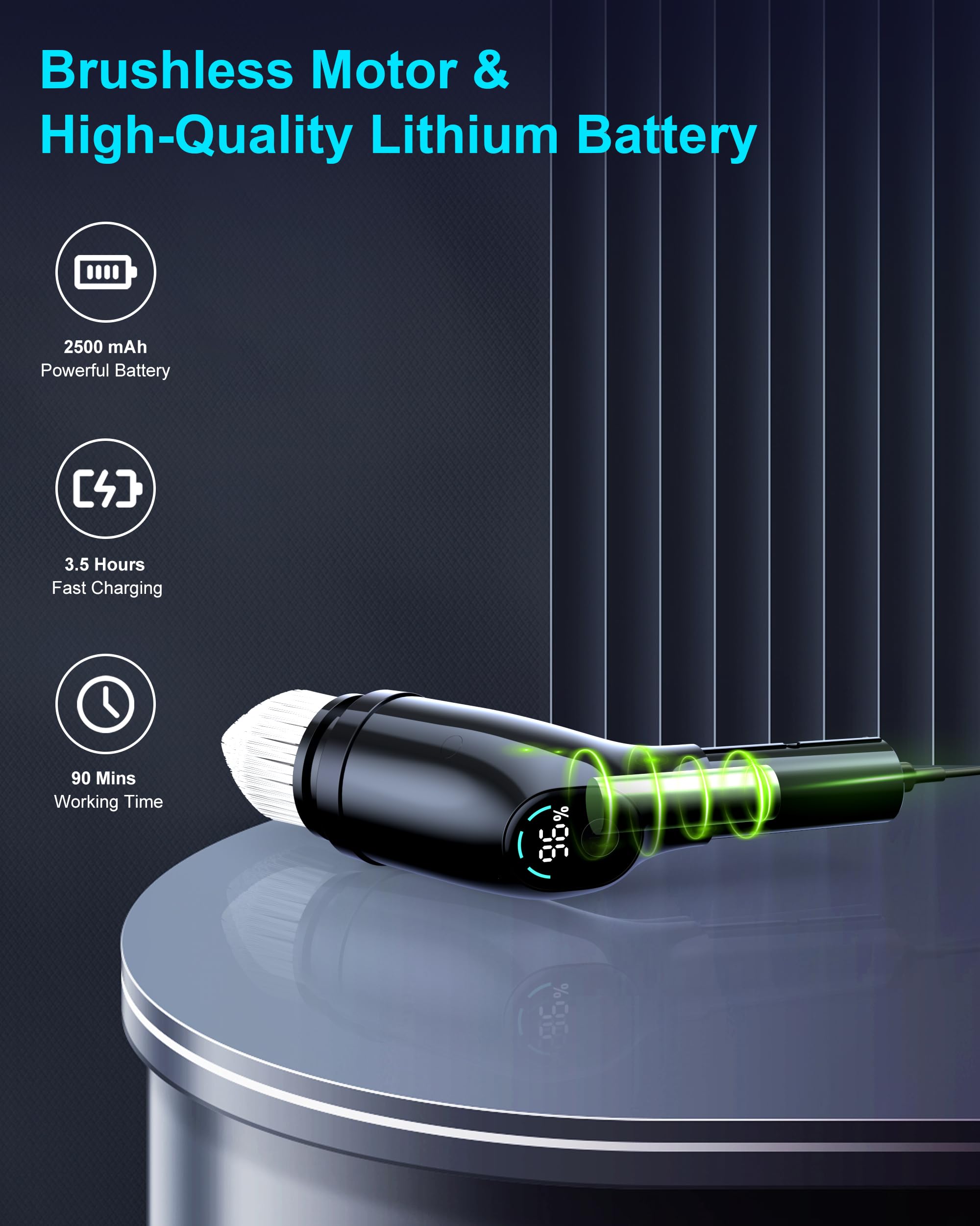 Yonlog Electric Spin Scrubber, FRIWOLE Upgraded Cordless Cleaning Brush with LED Display, 3 Speeds, 8 Replaceable Brush Heads, Adjustable & Detachable Handle, 450 RPM, for Bathtub, Tile, Floor, Black