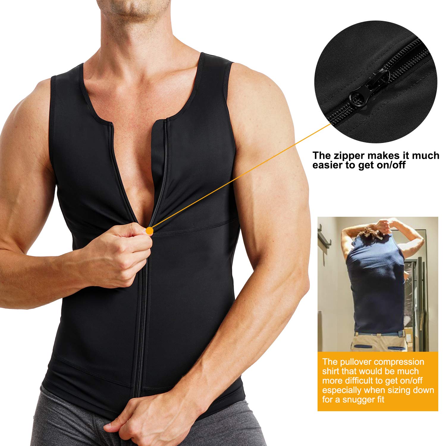 MOLUTAN Mens Compression Shirt Belly Slimming Body Shaper Vest Sleeveless Zipper Undershirt Tank Top Shapewear for Stomach and Back (Black, Small)