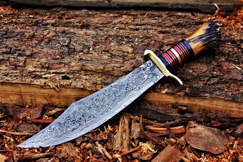 PSK166 - Custom Handmade Damascus Steel Bowie Hunting Knife Stag Horn Handle with Sheath